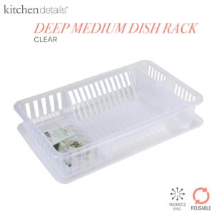 Kitchen Details Medium Dish Rack with Tray | Dimensions: 18.11" x 11.02" x 3.45" | Plastic | 12 Plate | Kitchen Accessories | Tray |Cutlery Basket | Clear | Sink Accessories | Clear