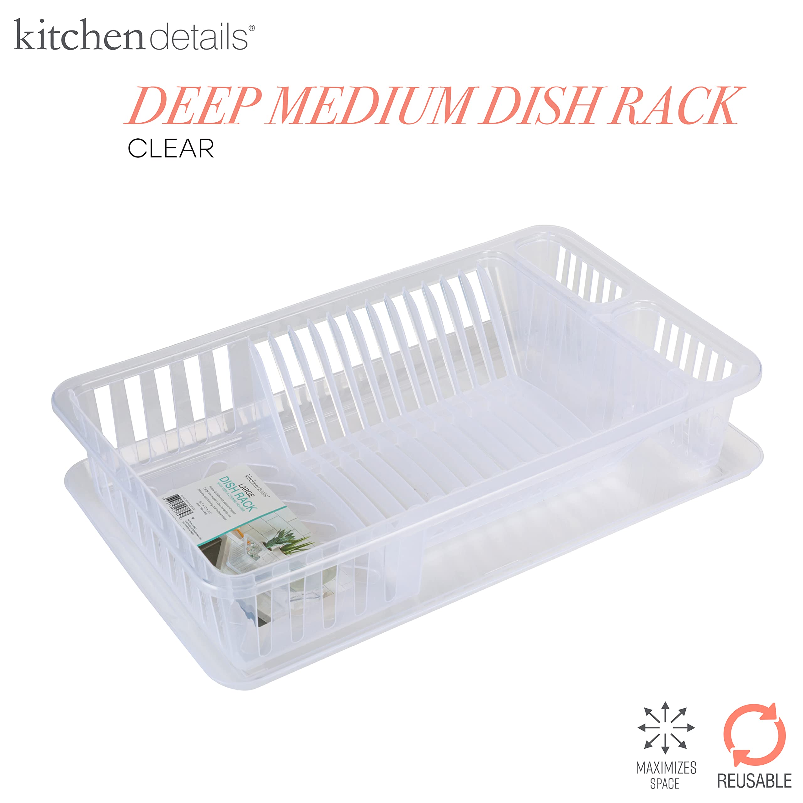 Kitchen Details Medium Dish Rack with Tray | Dimensions: 18.11" x 11.02" x 3.45" | Plastic | 12 Plate | Kitchen Accessories | Tray |Cutlery Basket | Clear | Sink Accessories | Clear