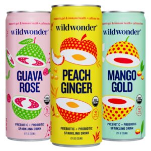 wildwonder sparkling probiotic juice drink w/gut health immunity & support 5g fiber, live probiotics, caffeine free, organic, vegan, low sugar, 6pk 12oz, classic variety pack, as seen on shark tank