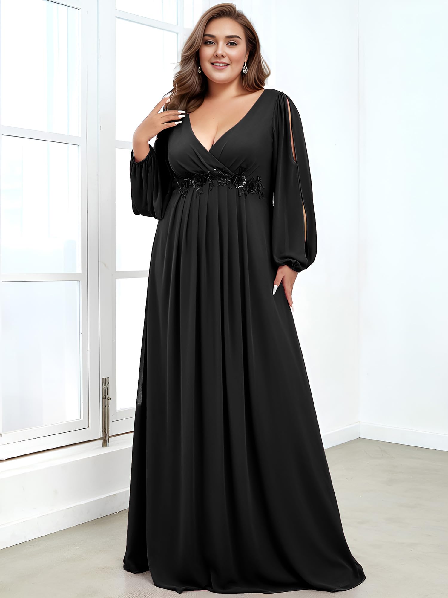 Ever-Pretty Plus Womens A-line Long Side Slit Sleeves Bidesmaid Dress for Wedding Plus Size Black US26