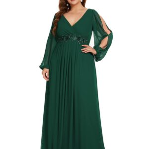 Ever-Pretty Plus Womens Floor-Length Plus Size A-line Ruched Dance Dress with Sleeves Green US18