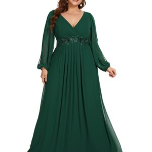 Ever-Pretty Plus Womens Floor-Length Plus Size A-line Ruched Dance Dress with Sleeves Green US18