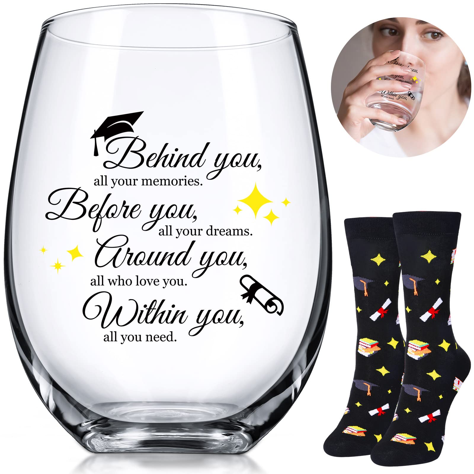 Patelai 2024 Graduation Gift Idea for Graduates, Congrats Grad Gift Set Including Graduation Wine Glass and Graduation Unisex Socks for College Graduates Daughter Friends