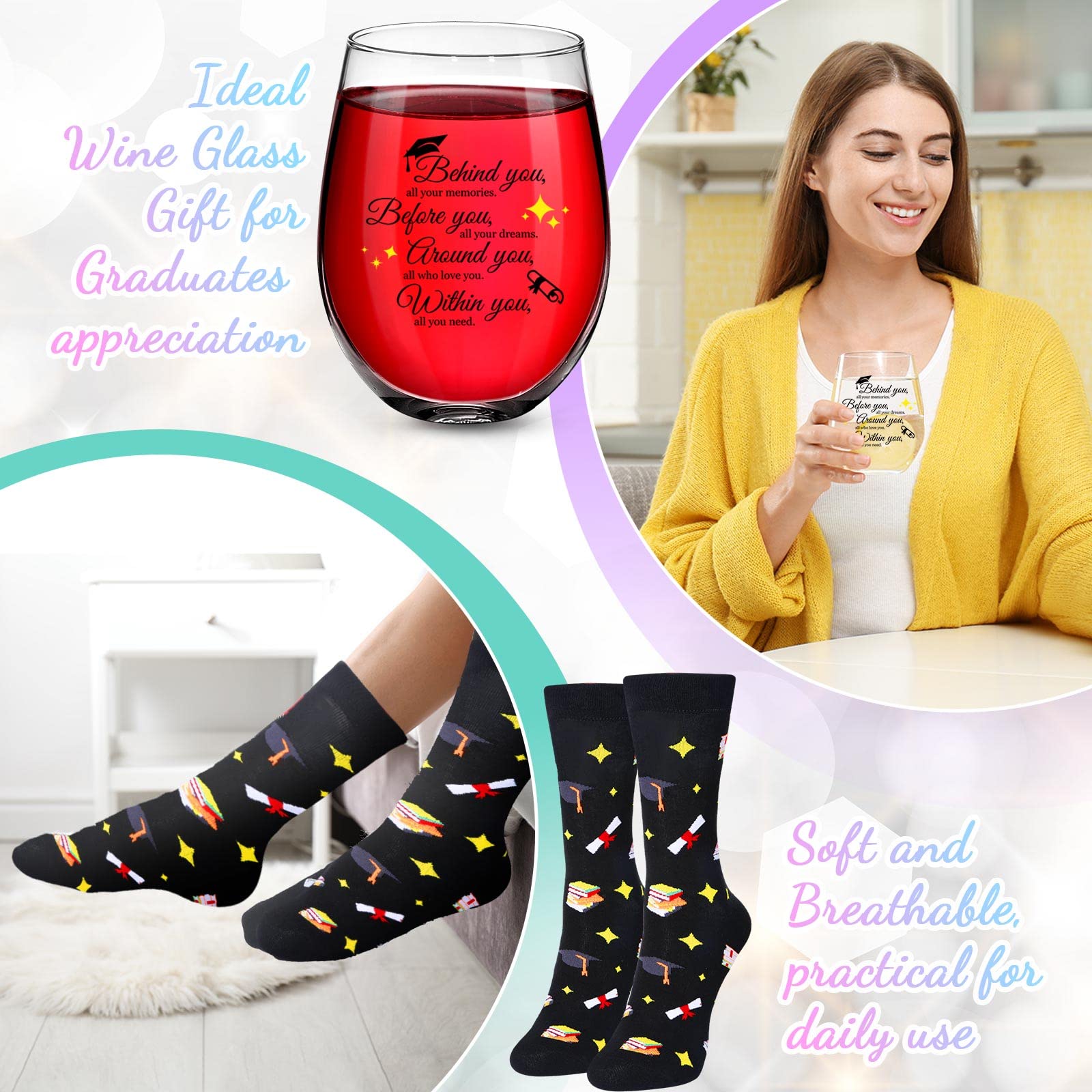 Patelai 2024 Graduation Gift Idea for Graduates, Congrats Grad Gift Set Including Graduation Wine Glass and Graduation Unisex Socks for College Graduates Daughter Friends