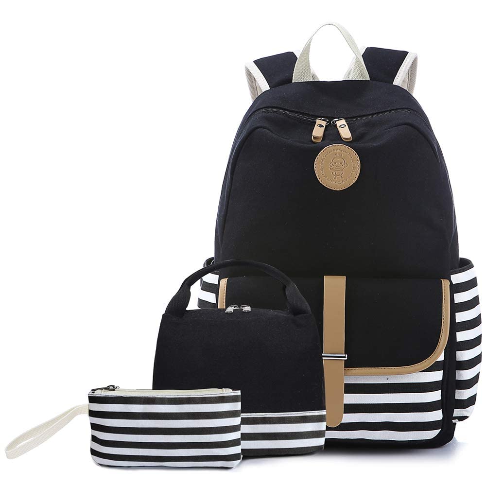 Joyfulife School Backpack for Girls Lightweight Canvas Backpack Stripe Backpack Student Bookbags Teens Backpack with Lunch Box Pencil Bag