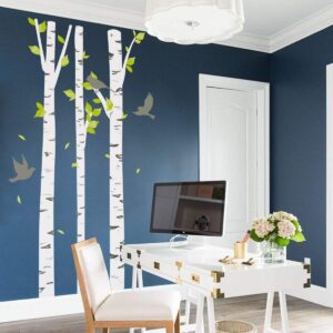 decalmile 3 large white birch trees wall decals forest birds wall stickers bedroom living room dining room office wall decor(h:78.7inches/6.6ft)