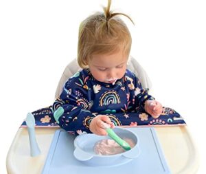 nooni care baby bibs for eating | rainbow blue | long sleeve bib can be clipped to the table | long sleeve bibs for babies keeps your baby cleaner than a baby apron | coverall bib for baby eating