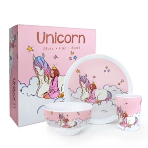 kiz designs unicorn children dishes – premium melamine kids dinnerware set with cup, bowl, feeding plate –non-bpa and dishwasher safe – 3pcs childs dishware