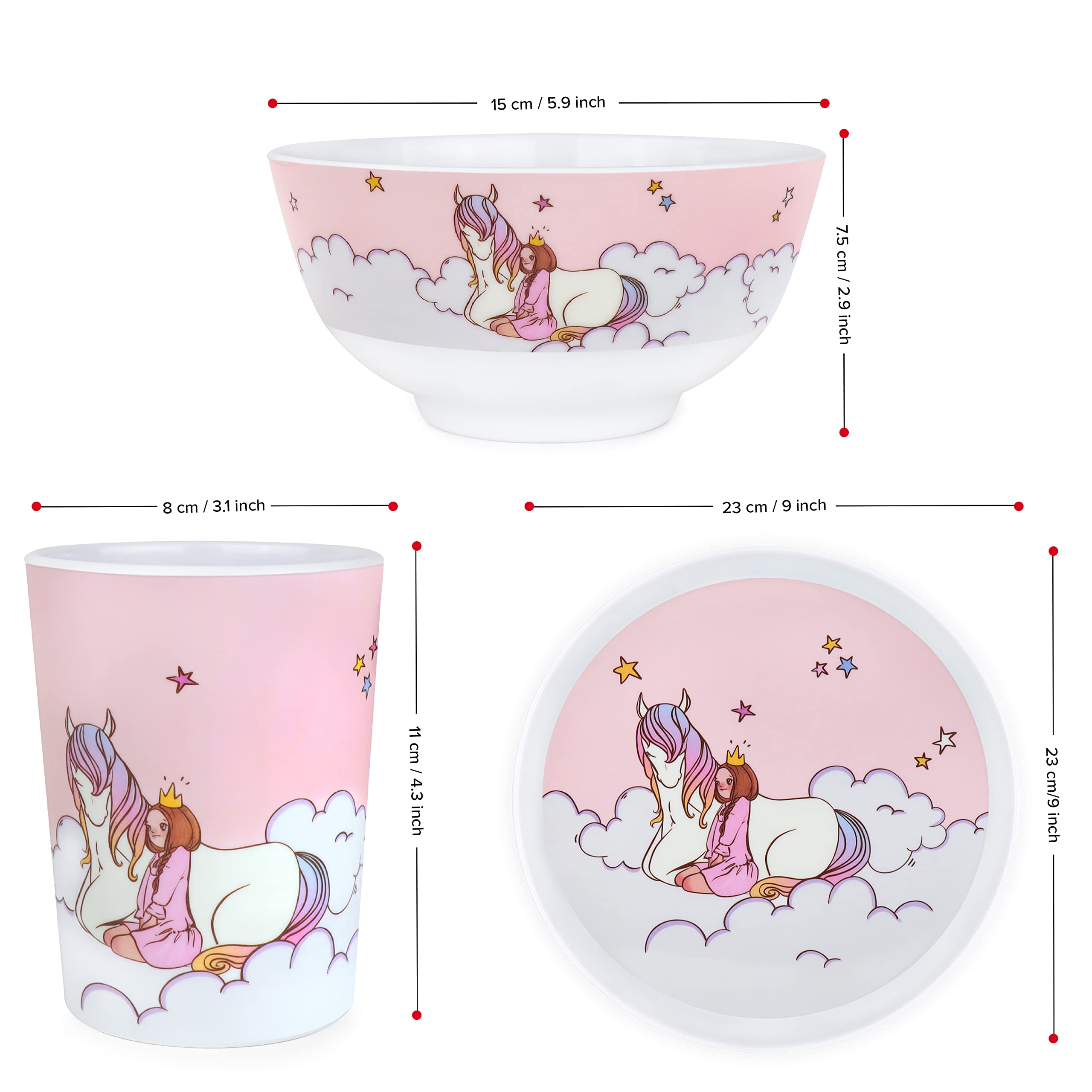 Kiz Designs Unicorn Children Dishes – Premium Melamine kids Dinnerware Set with Cup, Bowl, feeding Plate –Non-BPA and Dishwasher Safe – 3Pcs childs Dishware