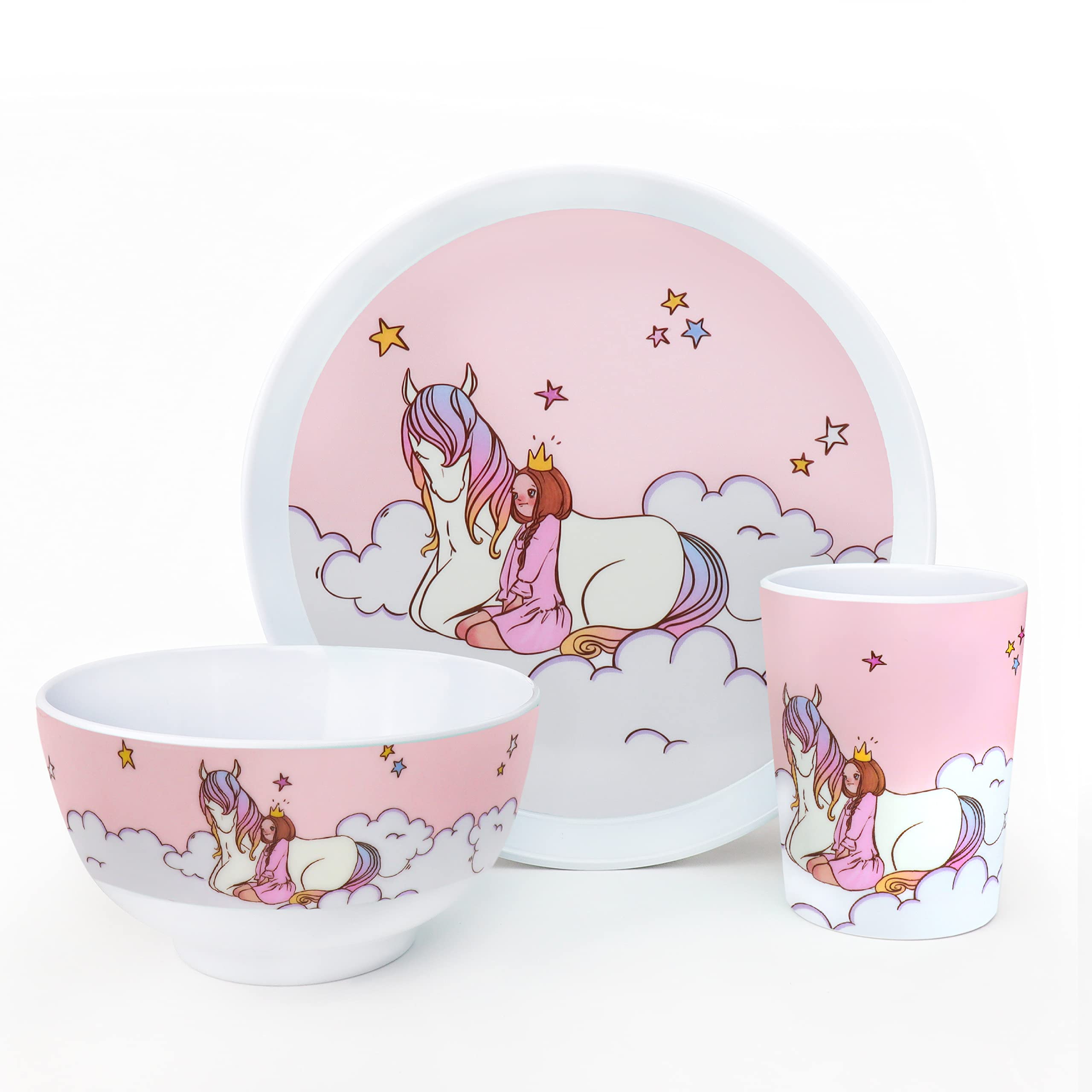 Kiz Designs Unicorn Children Dishes – Premium Melamine kids Dinnerware Set with Cup, Bowl, feeding Plate –Non-BPA and Dishwasher Safe – 3Pcs childs Dishware