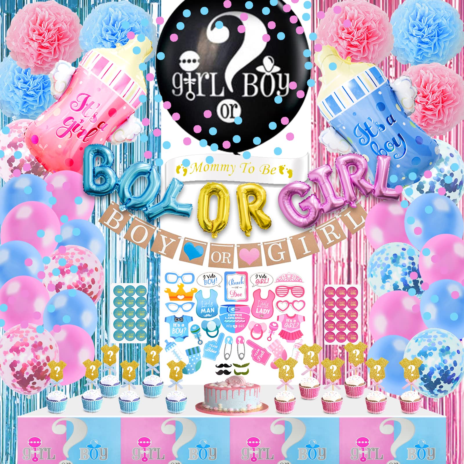 124 Pcs Gender Reveal Decorations Kit, Gender Reveal Party Supplies with 36'' Gender Reveal Balloon Boy OR Girl Foil Balloon Paper Pompoms Tablecloth Photo Props for Gender Reveal Party Decorations