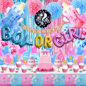 124 Pcs Gender Reveal Decorations Kit, Gender Reveal Party Supplies with 36'' Gender Reveal Balloon Boy OR Girl Foil Balloon Paper Pompoms Tablecloth Photo Props for Gender Reveal Party Decorations