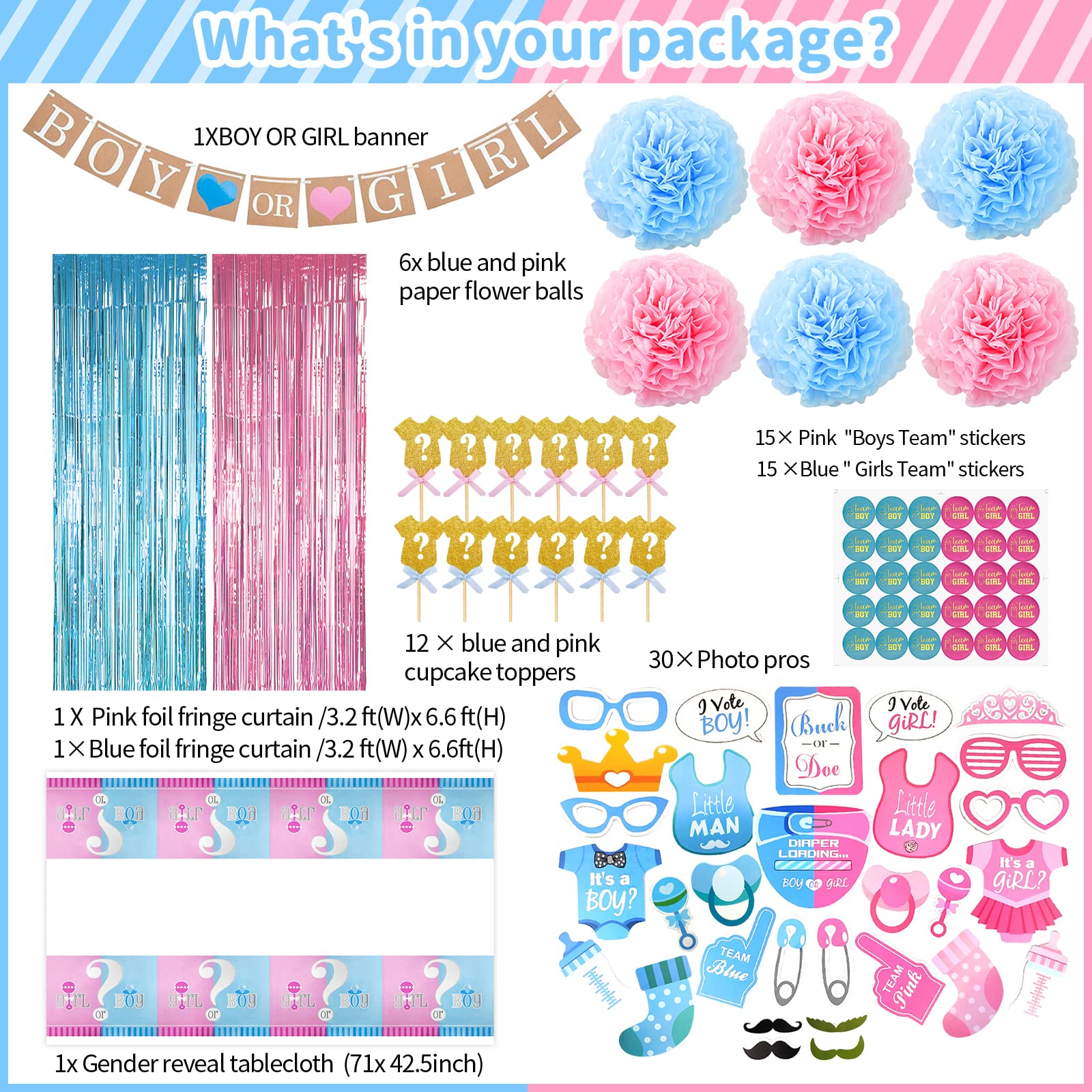 124 Pcs Gender Reveal Decorations Kit, Gender Reveal Party Supplies with 36'' Gender Reveal Balloon Boy OR Girl Foil Balloon Paper Pompoms Tablecloth Photo Props for Gender Reveal Party Decorations