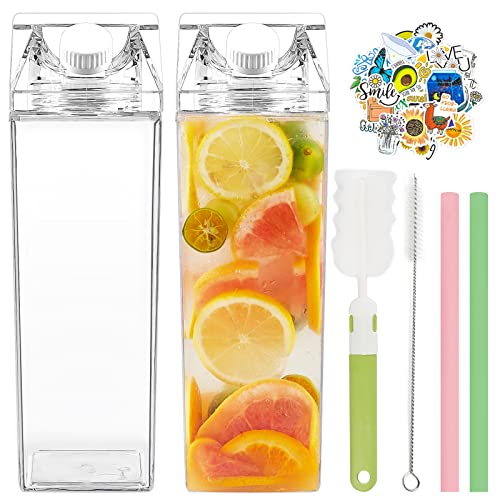 ZORRITA 2 Pack 17oz Milk Carton Water Bottles Clear Plastic Square Water Bottles with Straw, Brush and 50pcs Stickers Reusable for Juice, Ice Water