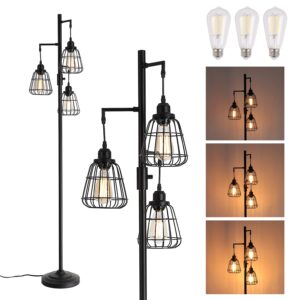 9mmml 68” living room floor lamp, industrial farmhouse 3 teardrop cage standing lamp,black tall floor lamp for bedroom office, 3 led edison bulbs included