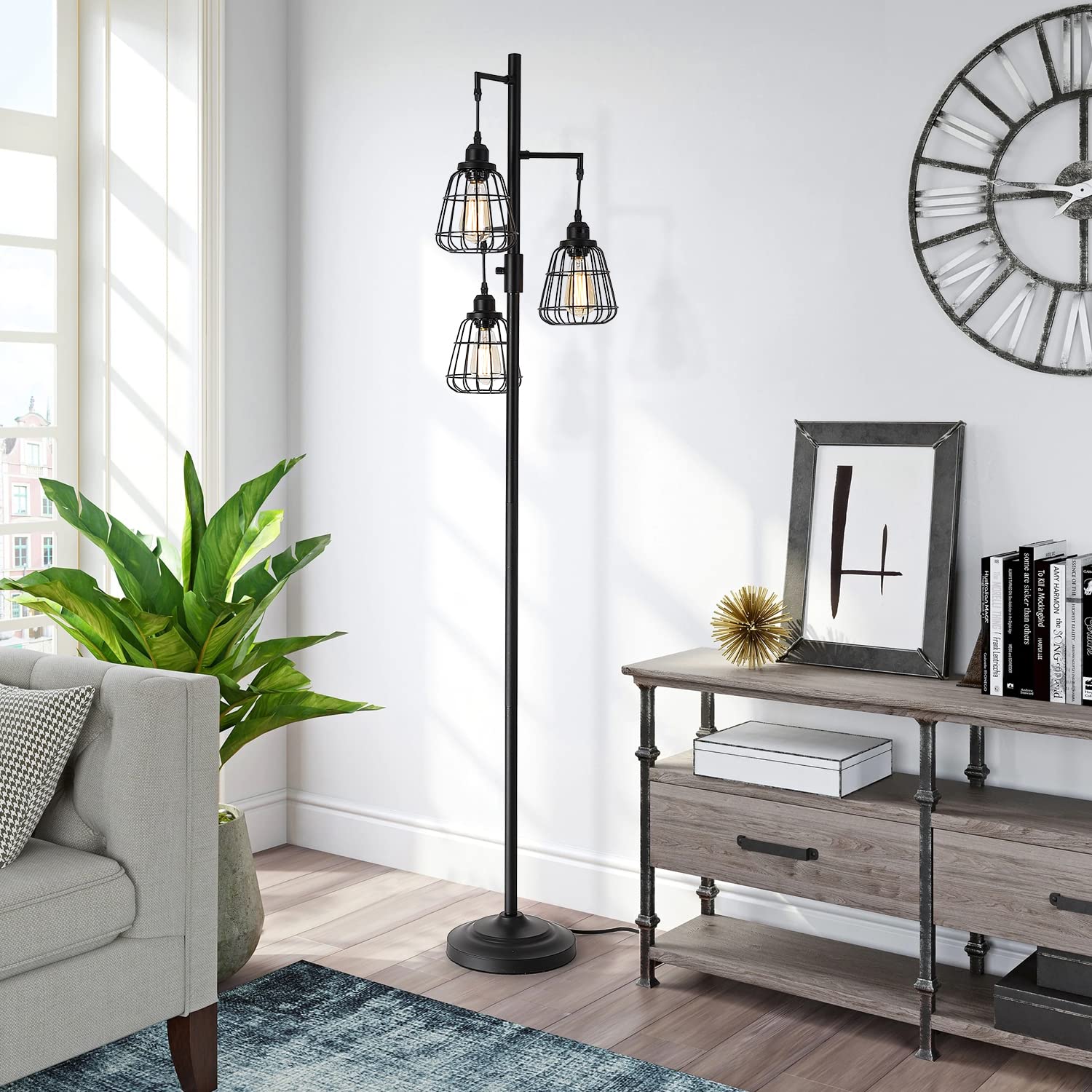 9MMML 68” Living Room Floor Lamp, Industrial Farmhouse 3 Teardrop Cage Standing Lamp,Black Tall Floor Lamp for Bedroom Office, 3 LED Edison Bulbs Included