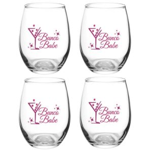 Bunco Babe Plastic Wine Glasses - Set of 4 Pieces of Average Quality Plastic. Very Affordabe Bunco Gifts. Fill with Wine or Candy. Wine Glasses hold 12oz and measure "3.75 x 2.75". Perfect Bunco Party