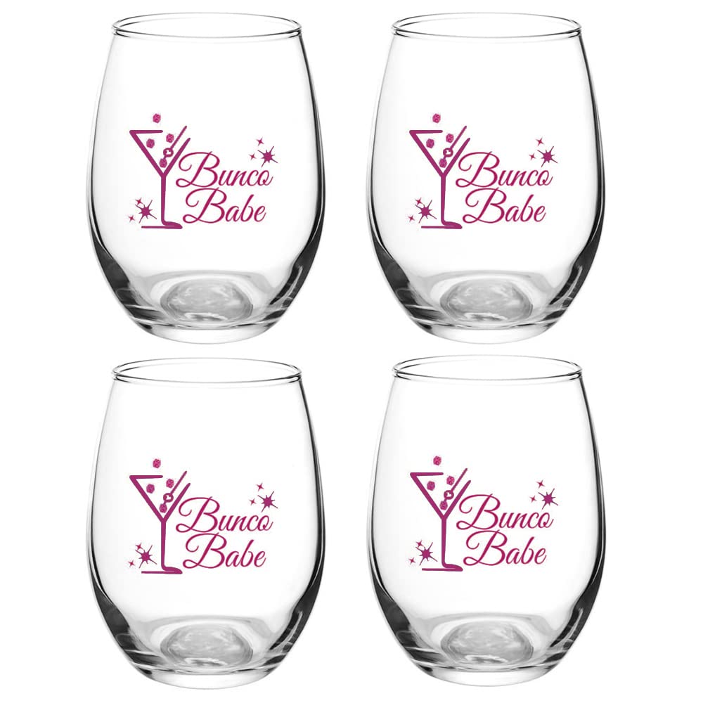 Bunco Babe Plastic Wine Glasses - Set of 4 Pieces of Average Quality Plastic. Very Affordabe Bunco Gifts. Fill with Wine or Candy. Wine Glasses hold 12oz and measure "3.75 x 2.75". Perfect Bunco Party