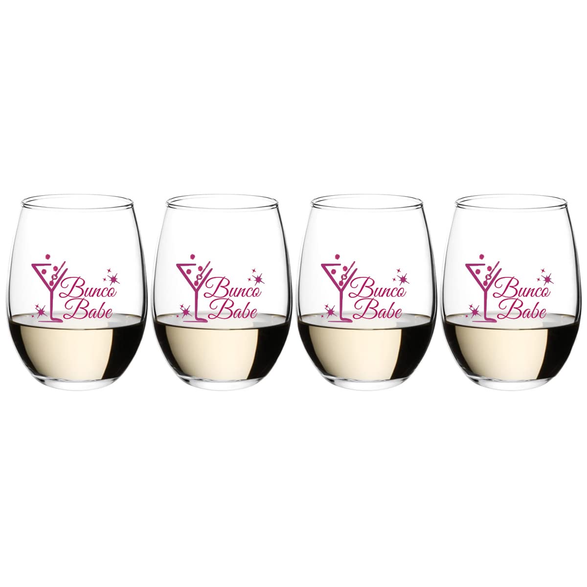 Bunco Babe Plastic Wine Glasses - Set of 4 Pieces of Average Quality Plastic. Very Affordabe Bunco Gifts. Fill with Wine or Candy. Wine Glasses hold 12oz and measure "3.75 x 2.75". Perfect Bunco Party