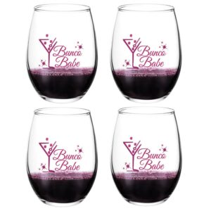 Bunco Babe Plastic Wine Glasses - Set of 4 Pieces of Average Quality Plastic. Very Affordabe Bunco Gifts. Fill with Wine or Candy. Wine Glasses hold 12oz and measure "3.75 x 2.75". Perfect Bunco Party