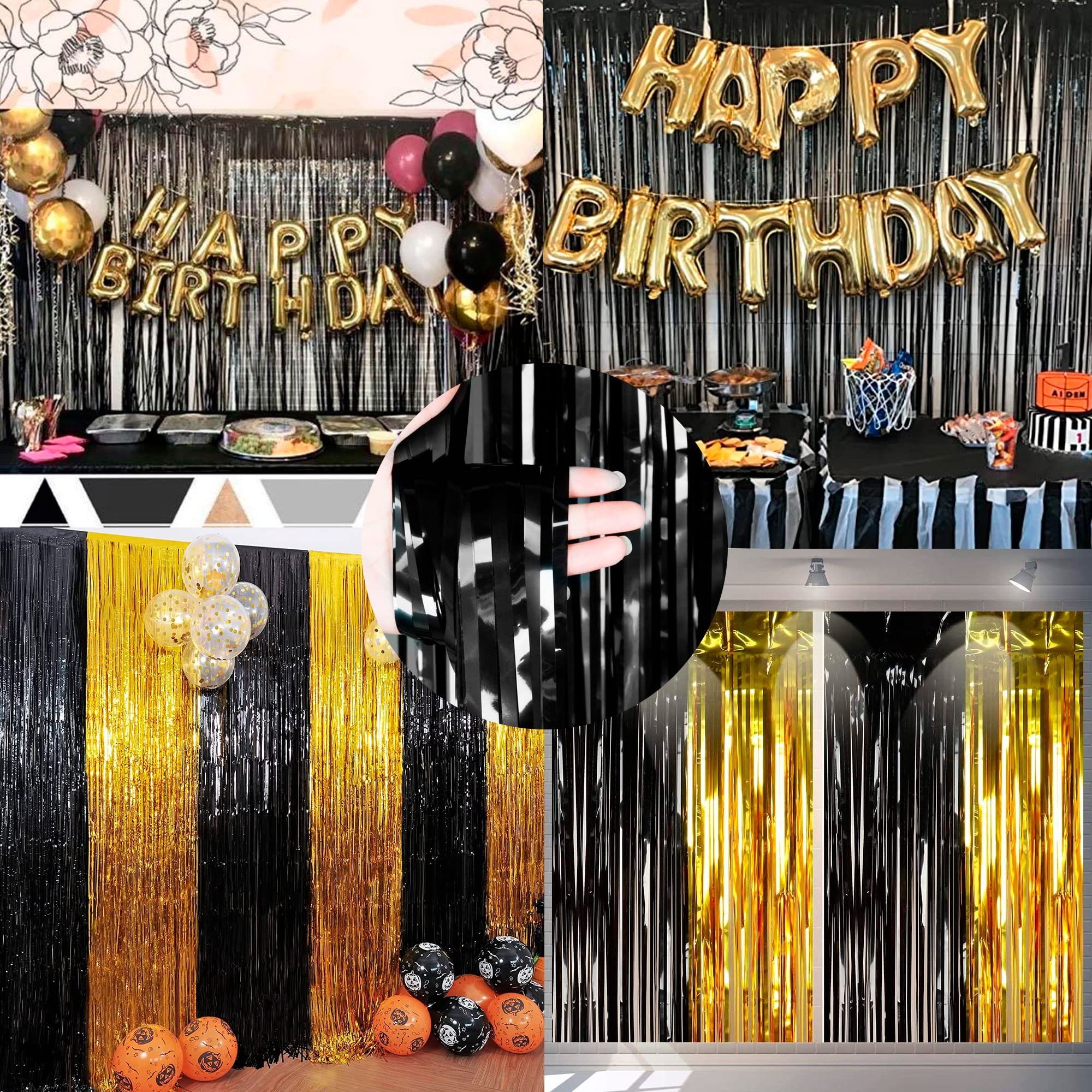 Dazzle Bright Backdrop Curtain, 3FT x 8FT Metallic Tinsel Foil Fringe Curtains Photo Booth Background for Baby Shower Party Birthday Wedding Engagement Bridal Shower (4, Black)