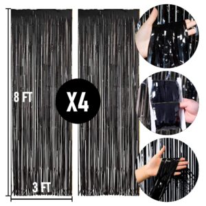 Dazzle Bright Backdrop Curtain, 3FT x 8FT Metallic Tinsel Foil Fringe Curtains Photo Booth Background for Baby Shower Party Birthday Wedding Engagement Bridal Shower (4, Black)