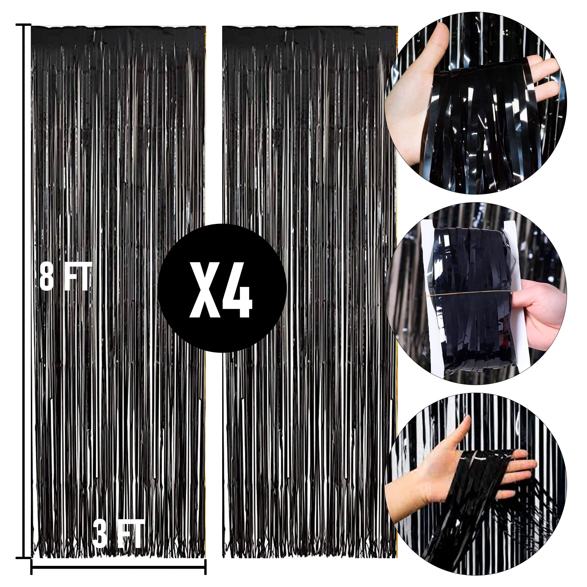 Dazzle Bright Backdrop Curtain, 3FT x 8FT Metallic Tinsel Foil Fringe Curtains Photo Booth Background for Baby Shower Party Birthday Wedding Engagement Bridal Shower (4, Black)