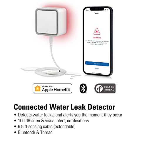 Eve Water Guard - Smart Home Water Leak Detector, 6.5 ft Sensing Cable, 100 dB Siren, (Apple HomeKit), App Notifications, Bluetooth, Thread