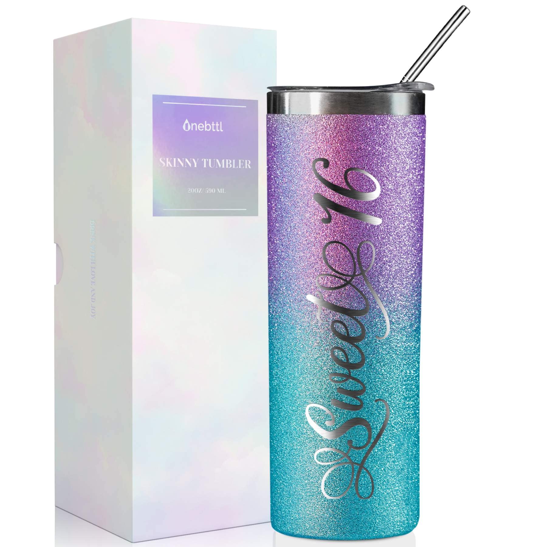 Onebttl Sweet 16 Gifts for Girls, Her, Daughter- Sweet Sixteen - 20oz/590ml Stainless Steel Insulated Glitter Tumbler with Straw, Lid, Message Card - (Purple-Blue Gradient)