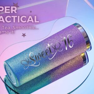 Onebttl Sweet 16 Gifts for Girls, Her, Daughter- Sweet Sixteen - 20oz/590ml Stainless Steel Insulated Glitter Tumbler with Straw, Lid, Message Card - (Purple-Blue Gradient)