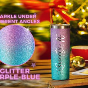 Onebttl Sweet 16 Gifts for Girls, Her, Daughter- Sweet Sixteen - 20oz/590ml Stainless Steel Insulated Glitter Tumbler with Straw, Lid, Message Card - (Purple-Blue Gradient)