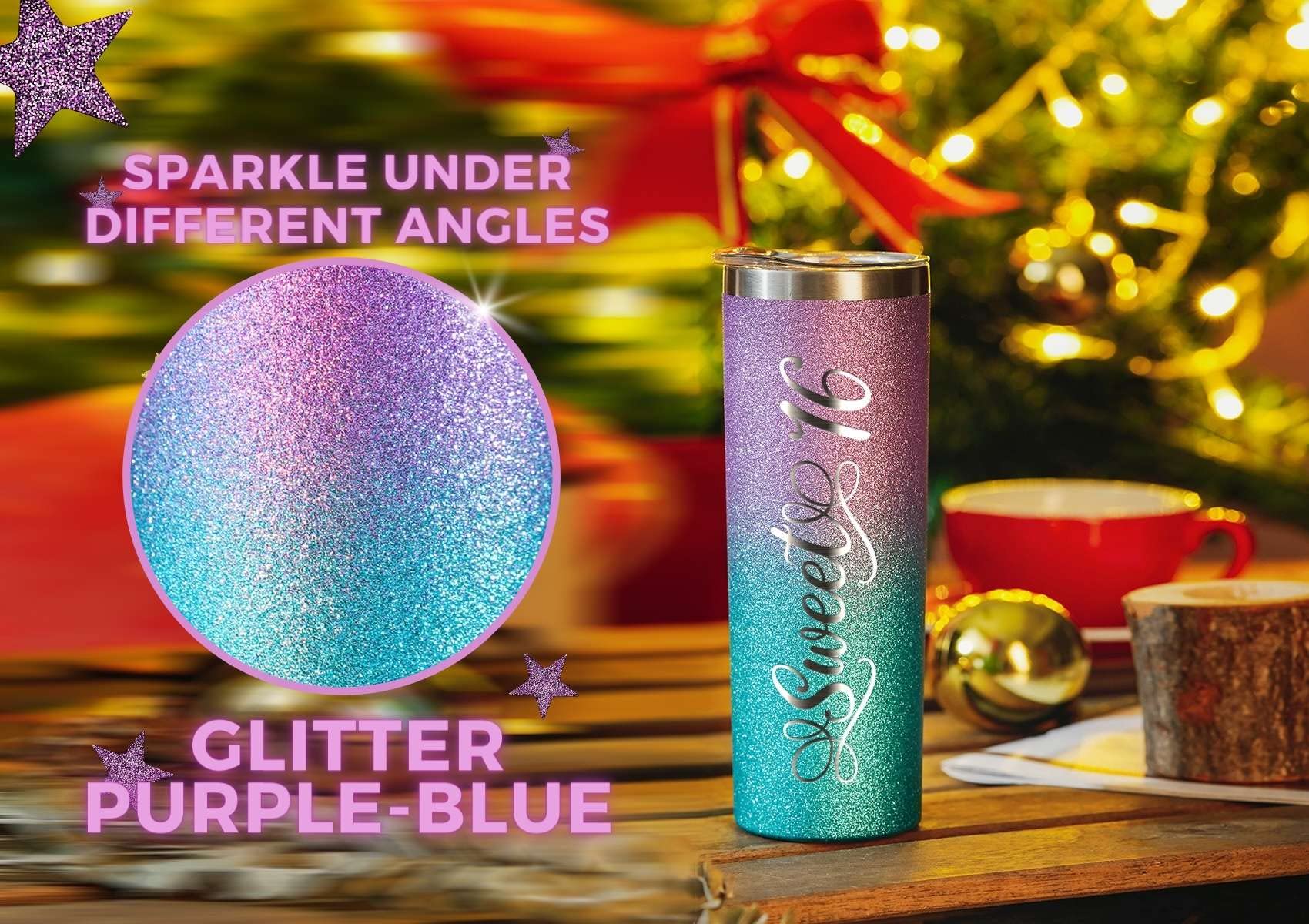 Onebttl Sweet 16 Gifts for Girls, Her, Daughter- Sweet Sixteen - 20oz/590ml Stainless Steel Insulated Glitter Tumbler with Straw, Lid, Message Card - (Purple-Blue Gradient)