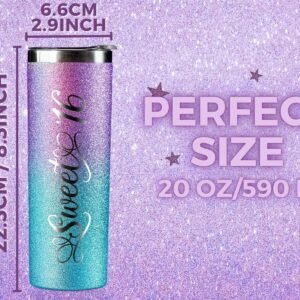 Onebttl Sweet 16 Gifts for Girls, Her, Daughter- Sweet Sixteen - 20oz/590ml Stainless Steel Insulated Glitter Tumbler with Straw, Lid, Message Card - (Purple-Blue Gradient)