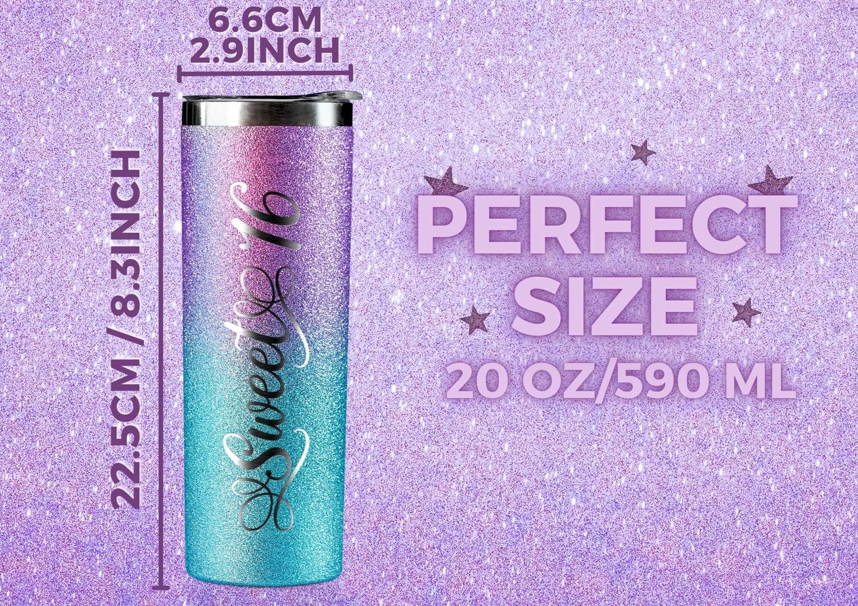 Onebttl Sweet 16 Gifts for Girls, Her, Daughter- Sweet Sixteen - 20oz/590ml Stainless Steel Insulated Glitter Tumbler with Straw, Lid, Message Card - (Purple-Blue Gradient)