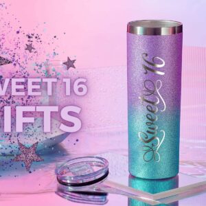 Onebttl Sweet 16 Gifts for Girls, Her, Daughter- Sweet Sixteen - 20oz/590ml Stainless Steel Insulated Glitter Tumbler with Straw, Lid, Message Card - (Purple-Blue Gradient)