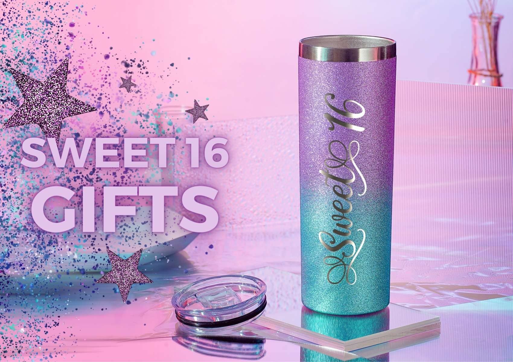 Onebttl Sweet 16 Gifts for Girls, Her, Daughter- Sweet Sixteen - 20oz/590ml Stainless Steel Insulated Glitter Tumbler with Straw, Lid, Message Card - (Purple-Blue Gradient)