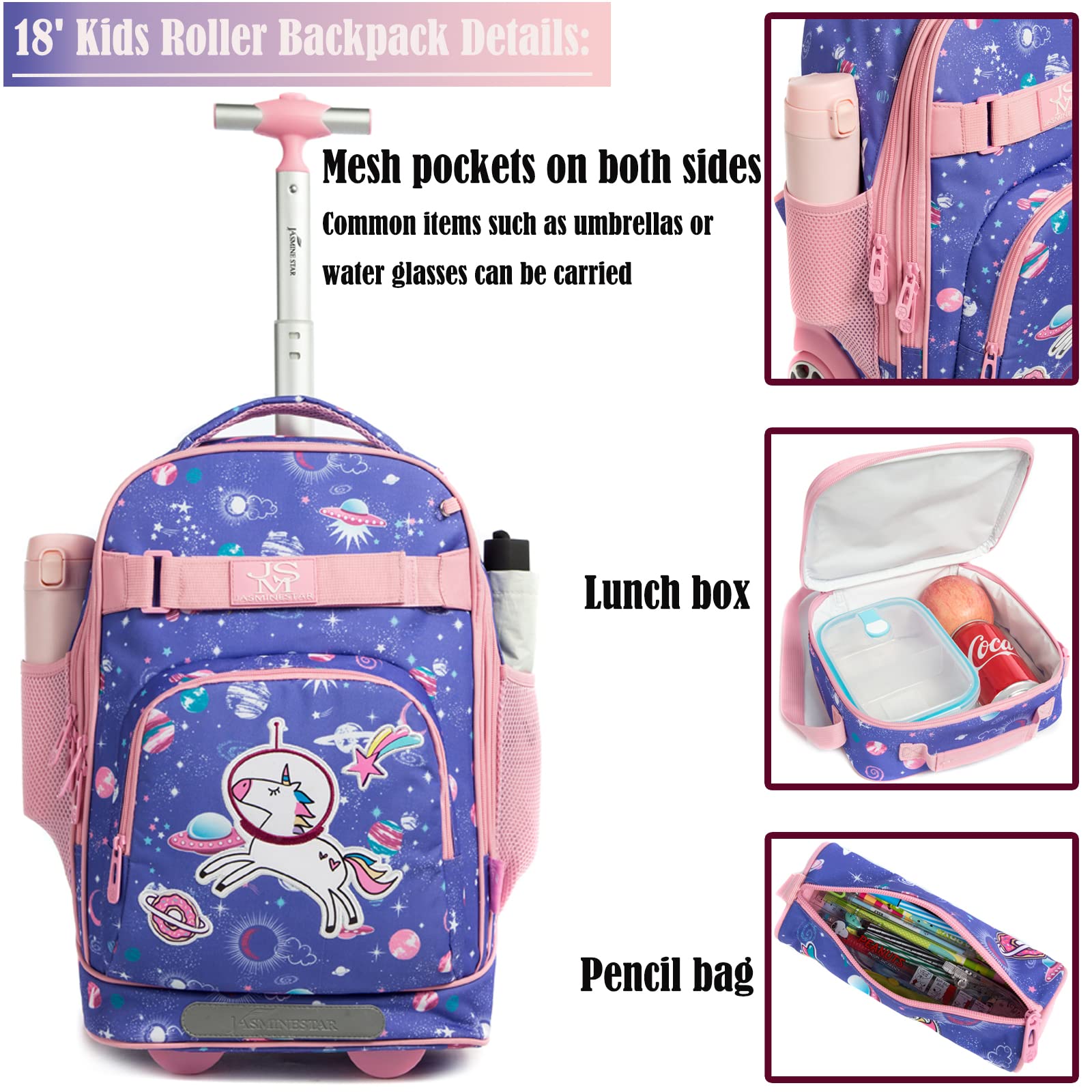 Egchescebo Kids Rolling Unicorn School Backpack for Girls Luggage Suitcase With Wheels Trolley Wheeled Backpacks Travel Bags 18' 3PCS Girls Unicorn With Lunch Box Purple