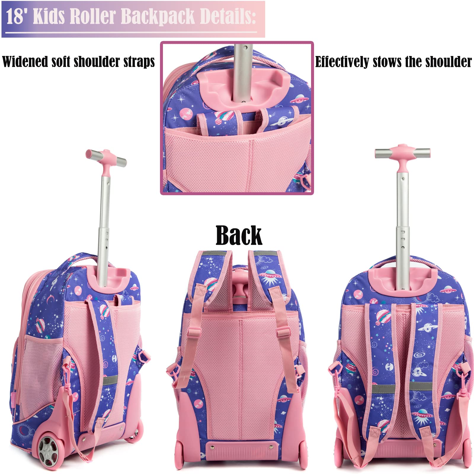 Egchescebo Kids Rolling Unicorn School Backpack for Girls Luggage Suitcase With Wheels Trolley Wheeled Backpacks Travel Bags 18' 3PCS Girls Unicorn With Lunch Box Purple