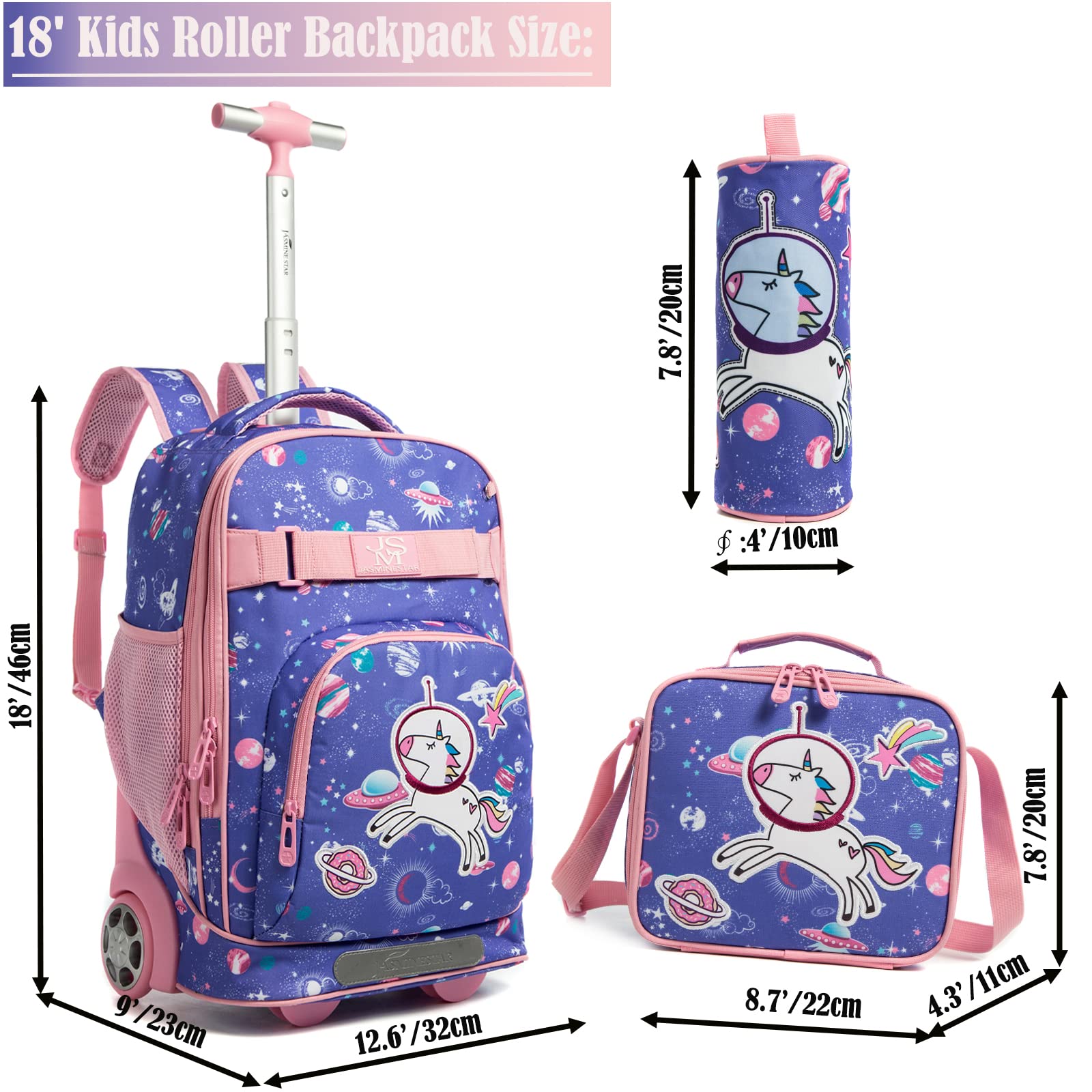 Egchescebo Kids Rolling Unicorn School Backpack for Girls Luggage Suitcase With Wheels Trolley Wheeled Backpacks Travel Bags 18' 3PCS Girls Unicorn With Lunch Box Purple