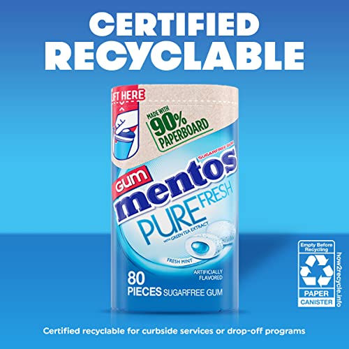 Mentos Pure Fresh Sugar-Free Chewing Gum with Xylitol, Fresh Mint, in a recyclable 90% Paperboard Bottle, 80 Piece (Pack of 1)