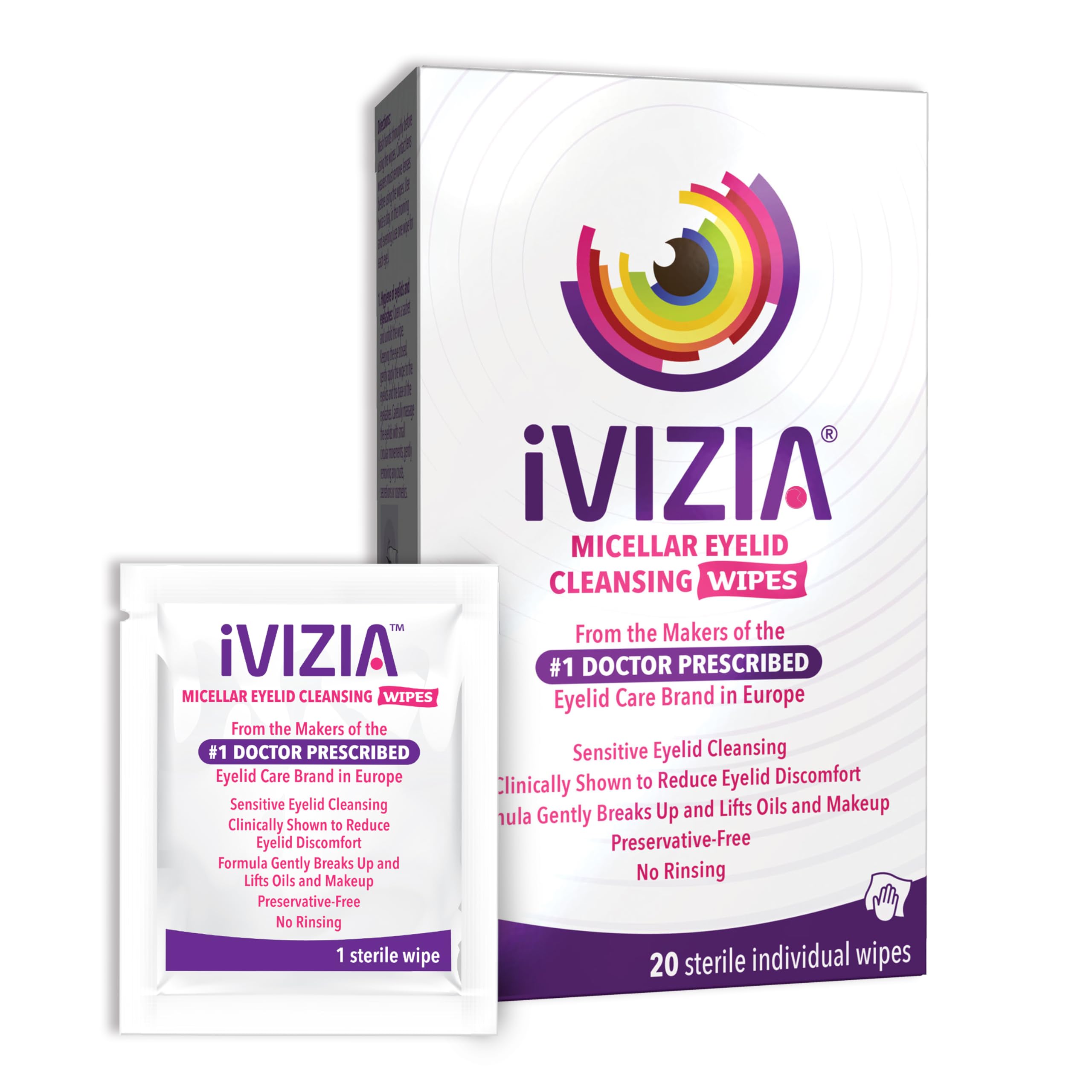 iVIZIA Eyelid Cleansing Wipes for Sensitive Eyelid Cleansing, Preservative-Free, Micellar, No Rinse, Gentle Eye Makeup Remover, 20 Sterile Single-Use Wipes for Eyelids