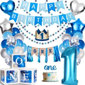 joyypop 1st birthday decorations for boys 78pcs with first birthday balloon boxes, first birthday decorations with crown, happy birthday banner, highchair banner for baby 1st birthday party