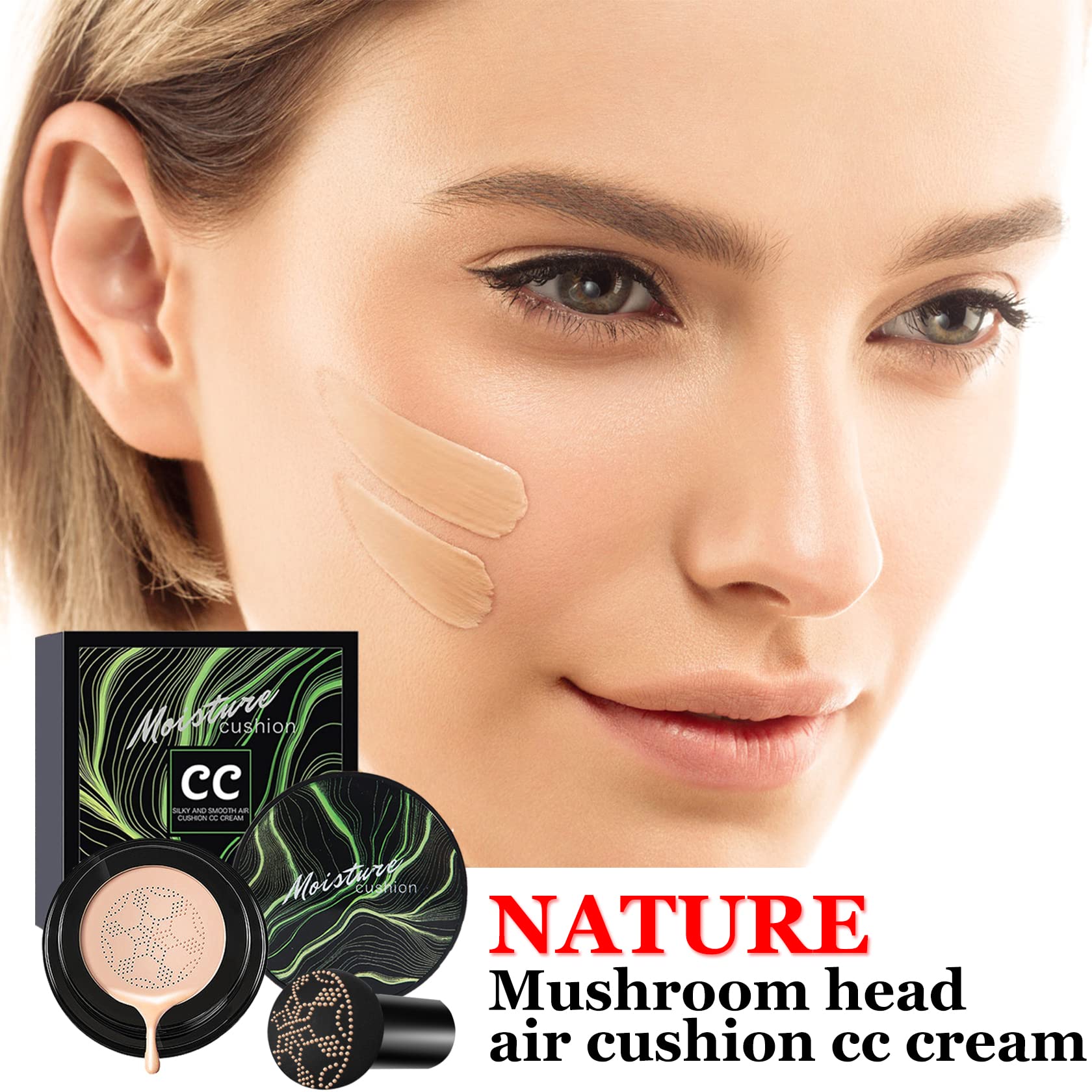 CAHIUYOA 2PCS Mushroom Head Air Cushion CC Cream BB Cream Mushroom Head Foundation Full Coverage Foundation Makeup Long Lasting Moisturize Matte Concealer - Natural