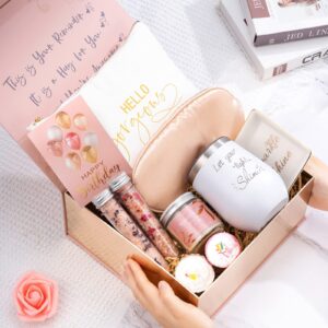 Happy Birthday Gifts for Women Spa Set Gift Basket for Best Friends Mom Unique Birthday Box Gifts for Sister Girlfriend Teacher Female Her Bday Wine Tumbler for Woman Who Has Everything