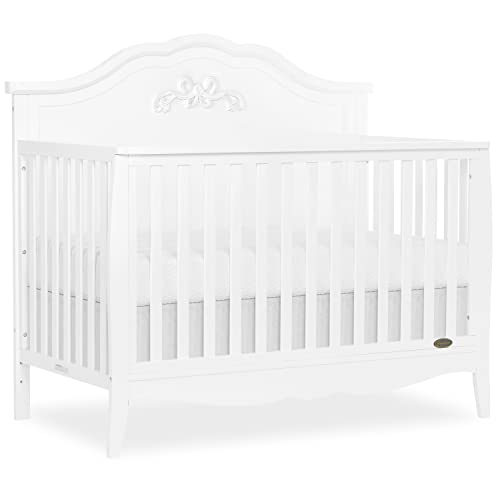 SweetPea Baby Jasmine 4-in-1 Convertible Crib in White, 3 Mattress Height Settings, Greenguard Gold Certified, Metal Mattress Support, Solid New Zealand Pinewood