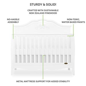 SweetPea Baby Jasmine 4-in-1 Convertible Crib in White, 3 Mattress Height Settings, Greenguard Gold Certified, Metal Mattress Support, Solid New Zealand Pinewood