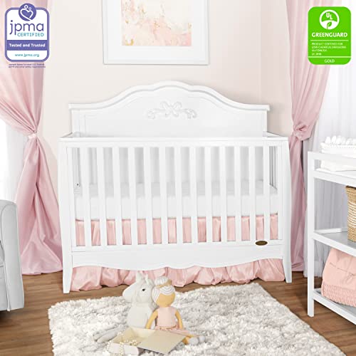 SweetPea Baby Jasmine 4-in-1 Convertible Crib in White, 3 Mattress Height Settings, Greenguard Gold Certified, Metal Mattress Support, Solid New Zealand Pinewood