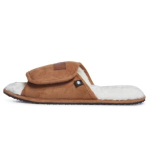 lucky brand mens microsuede memory foam open toe slippers, cool adjustable strap indoor outdoor house sliders for men, tan, medium