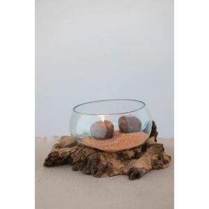 Creative Co-Op Recycled Glass Bowl on Natural Teakwood Base