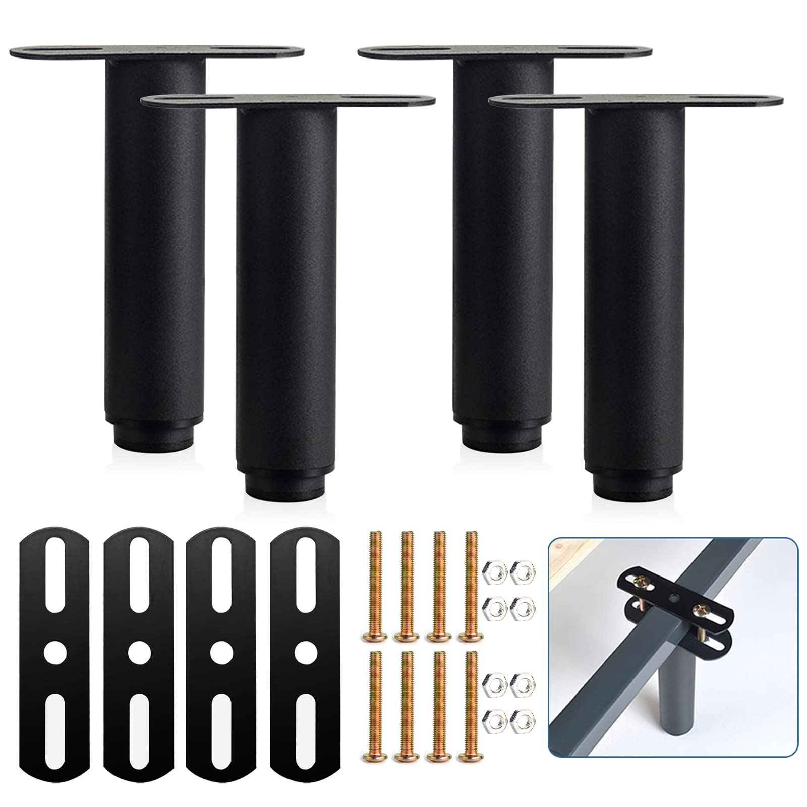 KRIZJUES Bed Support Legs, Metal Bed Legs Replacement, Adjustable Legs for Bed Heavy Duty Bed Center Frame Slat Support Leg for Cabinet Sofa Bed Frame Replacement Parts (4pcs Black)